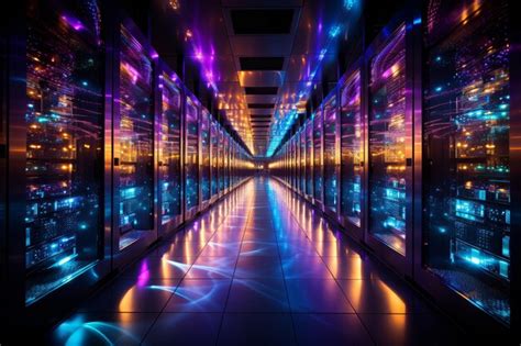 Data Center Corridor With Rack Servers And Supercomputers Internet Visualisation Projection