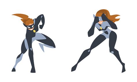 여성 슈퍼 히어로 캐릭터가 검은 색과 파란색 의상을 입고 액션 벡터 세트에서 마스크를 착용했습니다 감시에 대한 스톡 벡터 아트 및 기타 이미지 Istock