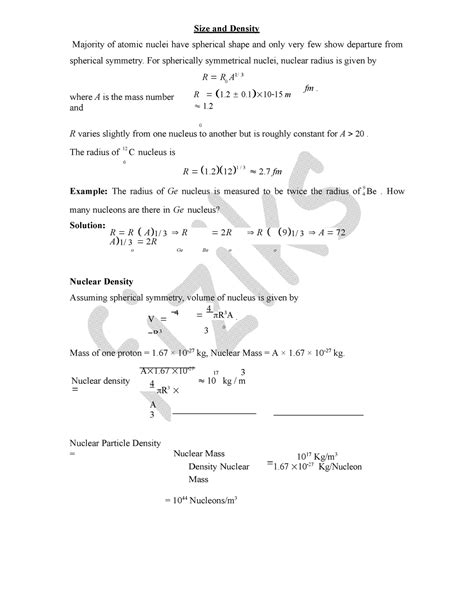 Physics Size And Density Size And Density Majority Of Atomic Nuclei Have Spherical Shape And