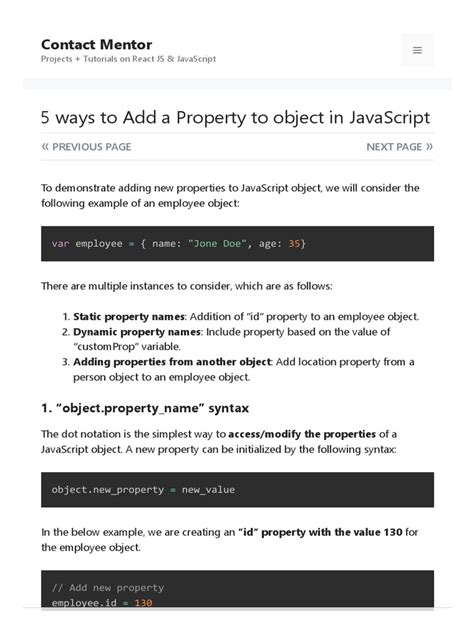 5 Ways To Add A Property To Object In Javascript Contact Mentor Pdf Java Script Object