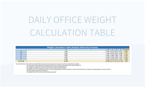 Daily Office Weight Calculation Table Excel Template And Google Sheets File For Free Download