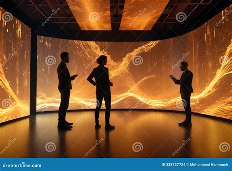 A Futuristic Immersive Space With A Curved Wall Of Screens Displaying Abstract Blue And Pink