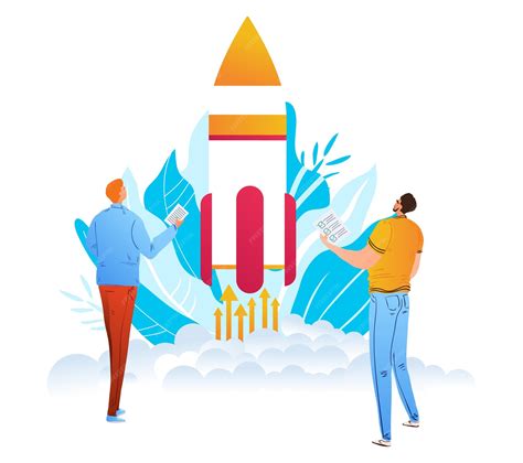 스타트업 런칭 프로세스 인포그래픽 기술 캐릭터 남성 준비 런칭 회사 로켓 프리미엄 벡터