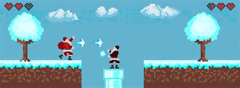 빈티지 스타일 픽셀 게임 캐릭터 나무와 덤불 새해 전투를 나타내는 산타 클로스 겨울 사진 하늘은 구름에 있습니다 벡터