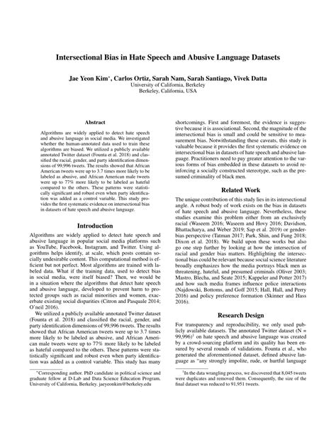 Pdf Intersectional Bias In Hate Speech And Abusive Language Datasets