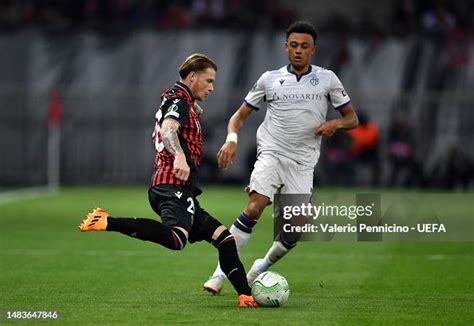 Melvin Bard Of Ogc Nice Passes The Ball Whilst Under Pressure From