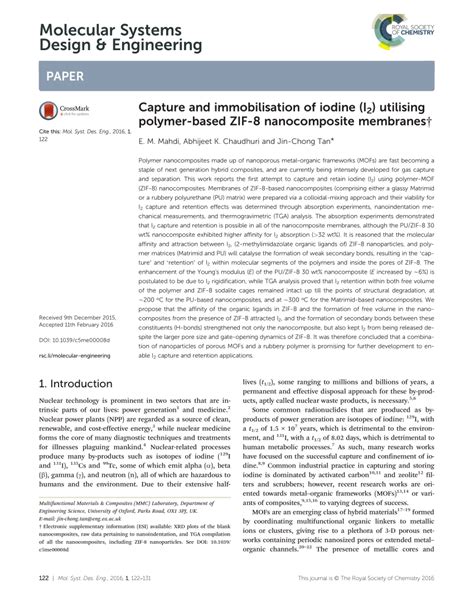 Pdf Capture And Immobilisation Of Iodine I 2 Utilising Polymer Based Zif 8 Nanocomposite