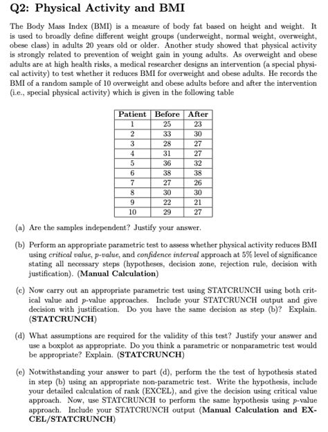 Solved Q2 Physical Activity And Bmi The Body Mass Index