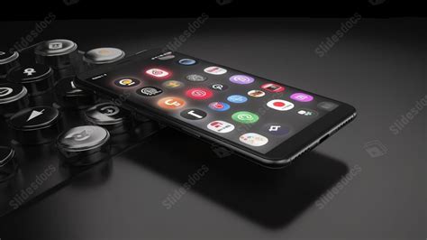 Mobile Application Buttons In 3d Rendering Beside Locked Screen Featuring Social Media Icons
