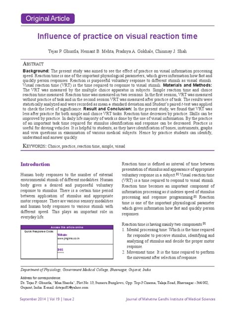 Influence Of Practice On Visual Reaction Time Original Article Pdf Mental Chronometry