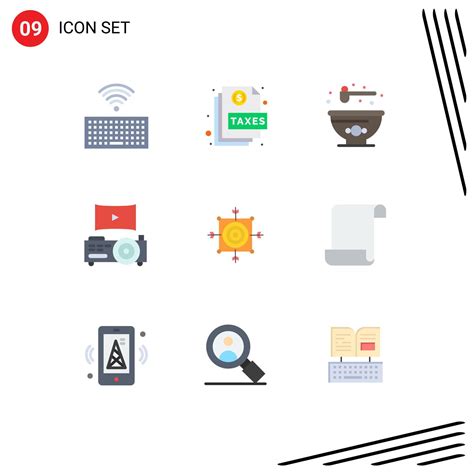 9 Thematic Vector Flat Colors And Editable Symbols Of Arrow Board Bowl Focus Projector Editable