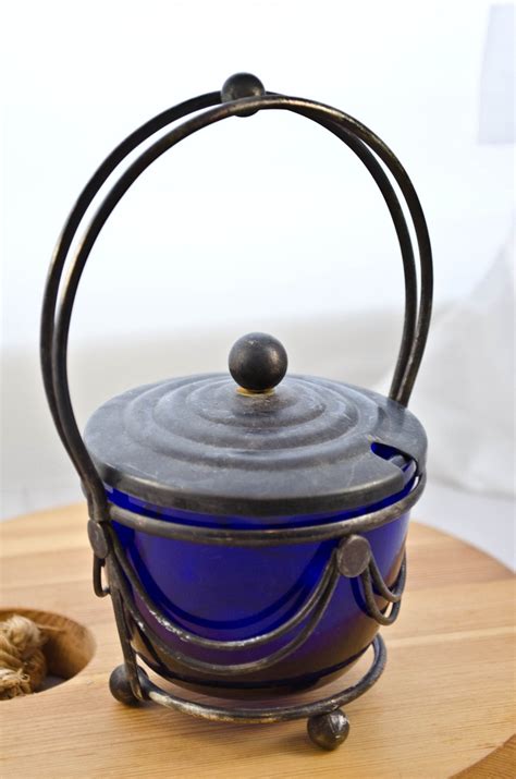Silver Plate And Cobalt Blue Glass Condiments Jar Mustard Jar Relish