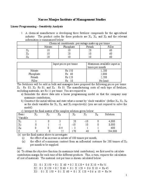 Narsee Monjee Institute of Management Studies: Linear Programming - Sensitivity Analysis | PDF ...