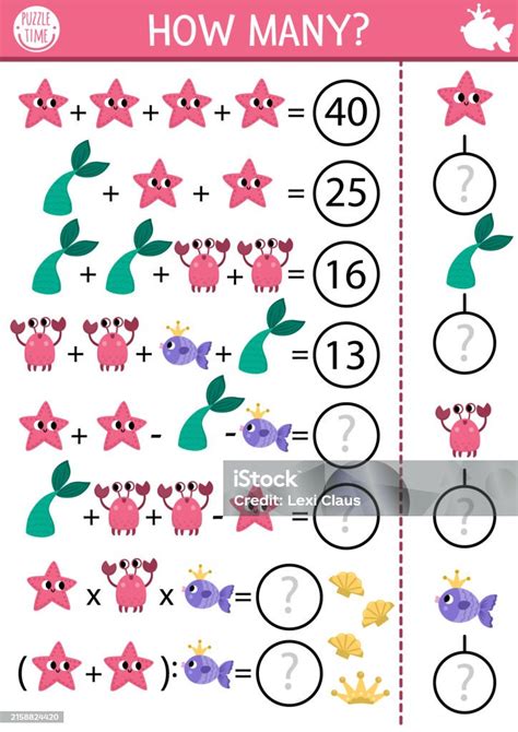 마린 얼마나 많은 불가사리 게임 방정식 또는 Rebus 학교 아이들을 위한 인어 수학 활동 게 꼬리 물고기가 있는 아이들을 위한 간단한 동화 바다 왕국 수학 인쇄 가능한