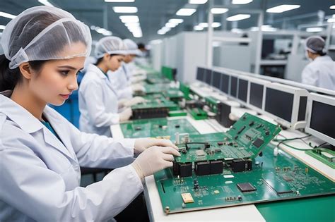 Woman Worker At Visual Inspection Of PCB On Electronics Assembly Line Premium AI Generated Image