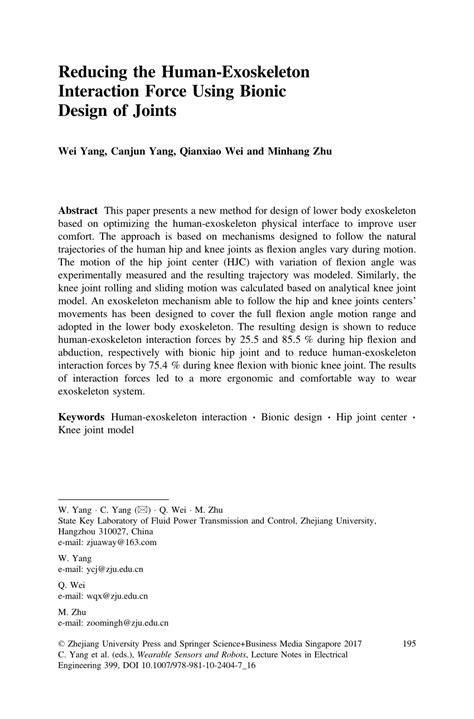 Pdf Reducing The Human Exoskeleton Interaction Force Using Bionic