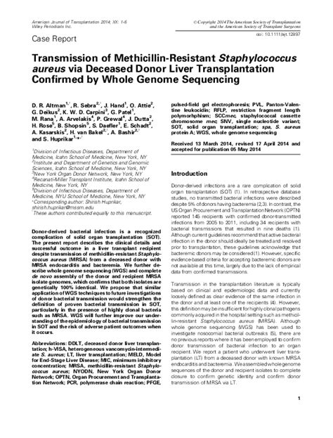 Pdf Transmission Of Methicillin Resistant Staphylococcus Aureus Strains Via Deceased Donor