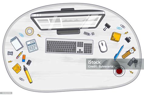 Pc 컴퓨터와 텍스트 복사 공간이있는 테이블에 다른 문구 개체가있는 작업 장 작동 공간 상단 보기 모든 요소는 따로 사용하거나 그림을 재구성하기 쉽습니다 벡터 거리표식에