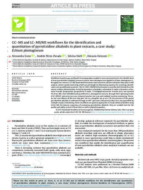 Pdf Gc Ms And Lc Ms Ms Workflows For The Identification And Quantitation Of Pyrrolizidine