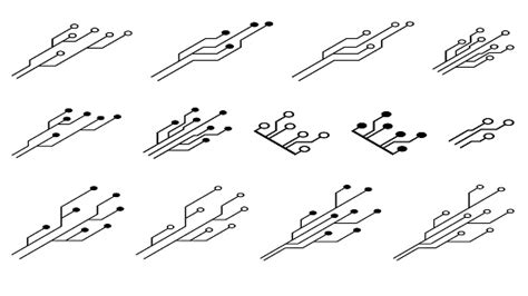 인쇄 회로 기판 Pcb의 아이소메트릭 세트는 흰색 배경에 격리된 실루엣을 추적합니다 기술 클립 아트 디자인용 칸막이 벡터 요소입니다 Cpu에 대한 스톡 벡터 아트 및 기타