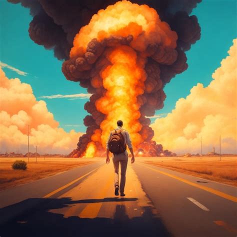 premium ai image journey into chaos man walking toward the explosion