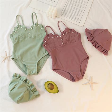 여아용 솔리드 펄 원피스 수영복 민소매 아동복 모자 포함 세 아동복 여름 신상 AliExpress