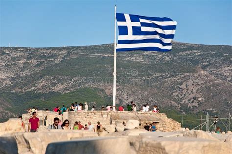Greek Flag On Acropolis Of Athens On August 1 2013 Greece Editorial Image Image Of Europe