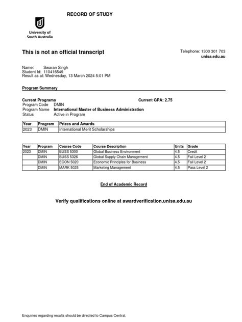 unofficial transcript pdf thesis qualifications