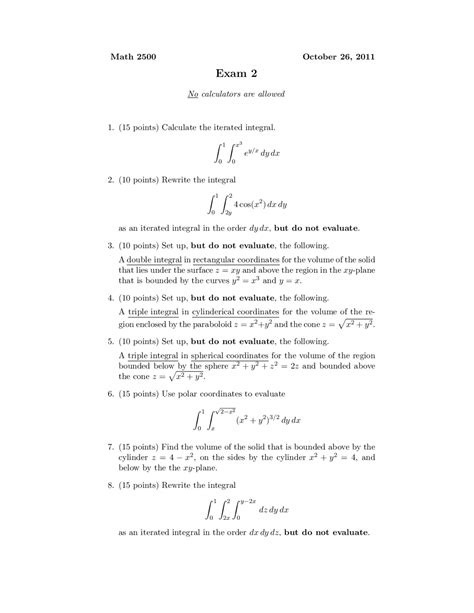 Exam 2 With 8 Questions Multivariable Calculus Math 2500 Docsity