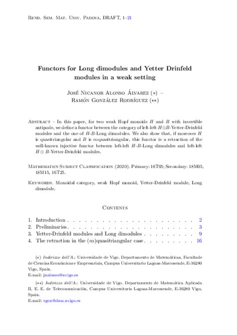 Pdf Functors For Long Dimodules And Yetter Drinfeld Modules In A Weak Setting José Nicanor