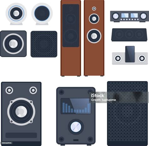 홈 사운드 시스템 스테레오 평면 벡터 음악 스피커 플레이어 서브우퍼 장비 기술 고풍스런에 대한 스톡 벡터 아트 및 기타 이미지 고풍스런 기업 재무와 산업 녹음 장비