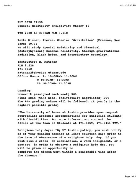 Phy 387m 57190 General Relativity Relativity Theory I Tth