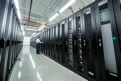 Technician Inspecting Server Racks In A Brightly Lit Server Room Premium Ai Generated Image
