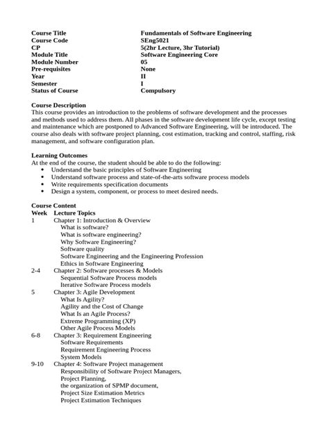 Fundamentals Of Software Engineering Course Outline Pdf Software Development Process Agile