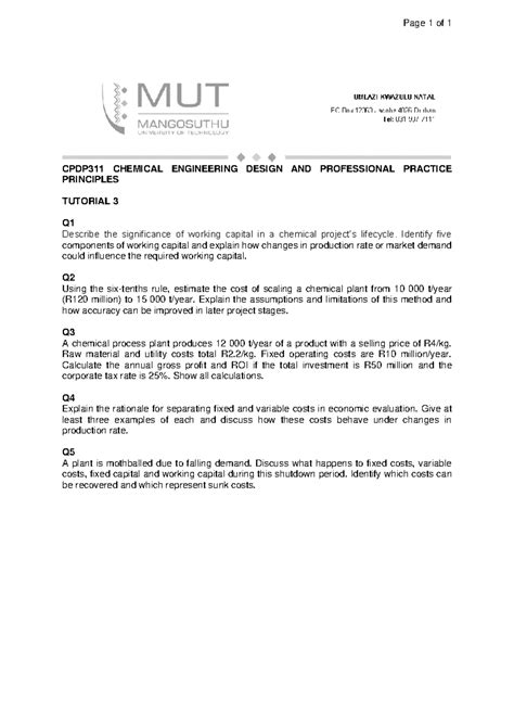 Cpdp311 Chemical Engineering Design Tutorial 3 Working Capital And Costs