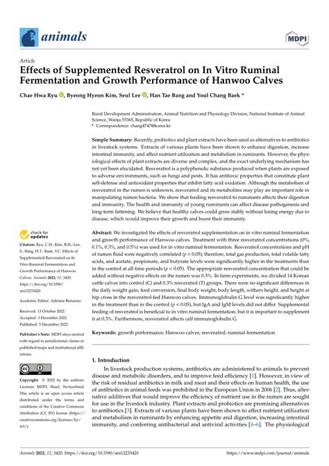 Pdf Effects Of Supplemented Resveratrol On In Vitro Ruminal Fermentation And Growth