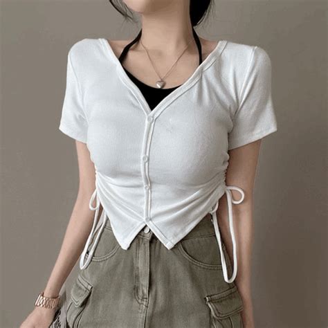 일체형4컬러 허리잘록핏~ 홀터 레이어드 양 셔링 스트링 리본 슬림 반팔 크롭 티셔트 가디건 에이블리