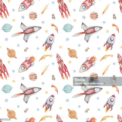 수채화 그림입니다 손으로 그린 로켓 우주선 우주 우주선의 원활한 패턴 행성 토성 천왕성 목성 별 혜성 유성 국제 인간 우주 비행의 날 만화에 대한 스톡 벡터 아트 및 기타
