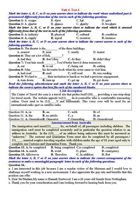 Hs Unit 4 Test 4 Unit4 Unit 4 Test 4 Mark The Letter A B C Or D