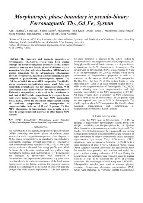 Pdf Morphotropic Phase Boundary In Pseudo Binary Ferromagnetic Tb1 Xgdxfe2 System
