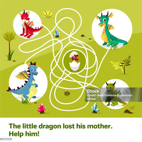 미로 미로 어린이 게임 벡터 만화 그림 의 드래곤 은 얽힌 방법에 아이 계란에 방법을 찾는 데 도움이 미로찾기에 대한 스톡 벡터