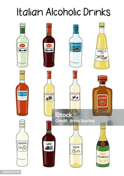 클래식한 이탈리아 알코올 음료 컬렉션 세트 낙서 만화 힙스터 스타일 벡터 A4 A3 포스터 크기 일러스트 는 흰색 배경에 격리 파티 카드 바 메뉴 주류 요리 책 레시피용