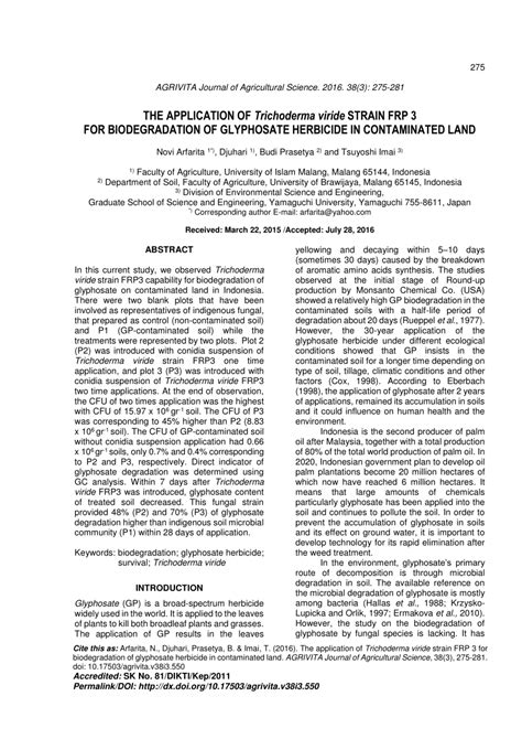 Pdf The Application Of Trichoderma Viride Strain Frp 3 For Biodegradation Of Glyphosate