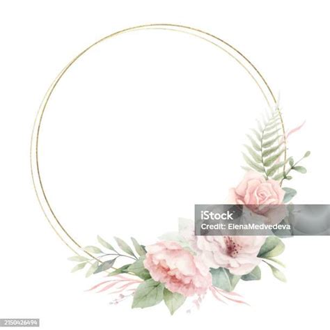 황금 기하학적 모양으로 수채화 원 꽃 프레임 더스티 핑크 장미 꽃 유칼립투스 잎 청첩장 인사말 월페이퍼 패션 장식 카드에 대한 단풍 배열 손으로 그린 그림입니다 꽃 식물에