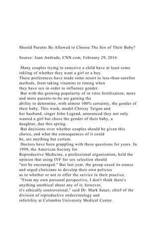 Should Parents Be Allowed To Choose The Sex Of Their Baby Docx