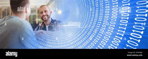 Composition Of Binary Coding Over Men Shaking Hands Stock Photo Alamy