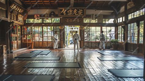 Three Karate Practitioners In A Dojo The Dojo Is A Traditional Japanese