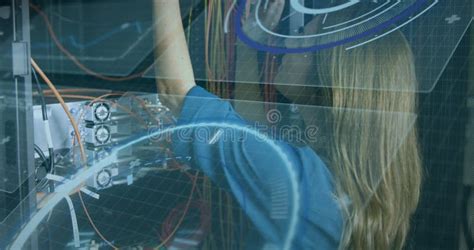 Animation Of Interface With Data Processing Over Caucasian Female Engineer Working At Server