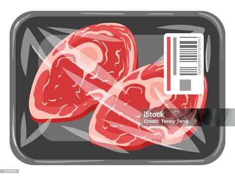 만화 붉은 고기 스테이크 진공 플라스틱 포장에 담긴 돼지고기 또는 쇠고기 스테이크 흰색 배경에 폴리에틸렌 평면 벡터 삽화로 포장된 신선한 생 필레 소고기에 대한 스톡 벡터