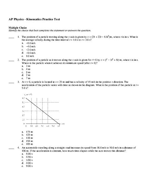 Kinematicspractice Sample Questions And Problems On Kinematics Ap
